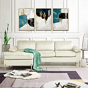 YOPTO Velvet Sectional Sofa with Chaise,L-Shape 3 Seat Sectional Couch with Velvet Pillow Arms and Removable Back and Seat Cushions,for Living Room,Apartment,Office,Beige