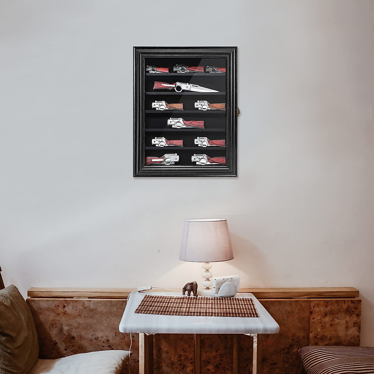 Knife Display Case 6 Rows Pocket Knife Display Case for Wall Military Folding Knife Shadow Box Cabinet for Collections with HD Toughened Glass Door,Removable 2 Grooves Shelves ,Black