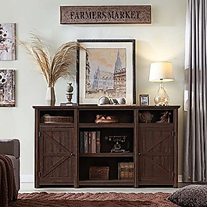 SinCiDo Farmhouse TV Stand for TVs Up to 80 inches, 39" Tall Highboy Entertainment Center w/Barn Door, Large Wood Rustic TV Console Cabinet w/Adjustable Shelves for Living Room, 70inch, Brown