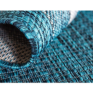 Unique Loom Outdoor Border Collection Area Rug - Soft Border (10'x 14' 1" Rectangle, Teal/ Ivory)