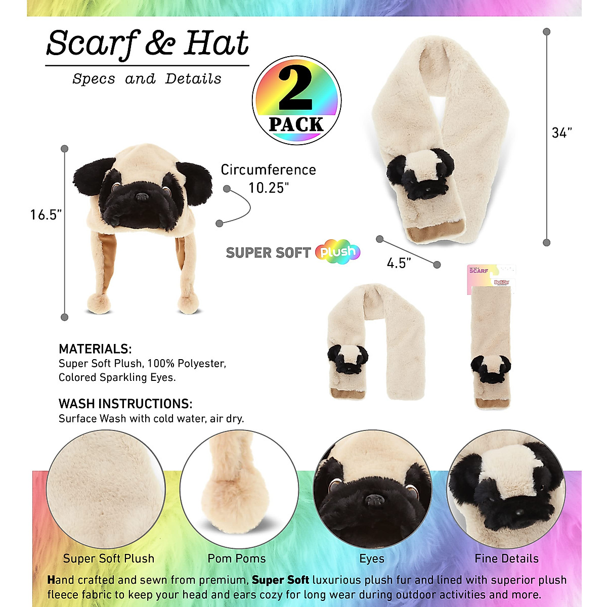 DolliBu Pug Dog Plush Hat and Scarf Set – Super Soft Pug Dog Stuffed Animal on Hat and Scarf, Cozy Winter and Snow Accessories for Kids and Adults–One Size
