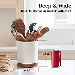 DOWAN 7.6" 360° Rotating Utensil Holder, Cooking Utensil Holder, Kitchen Utensil Holder for Countertop, Ceramic Utensil Crock, Large Utensil Holder for Kitchen Counter, Protection Cork Bottom, White