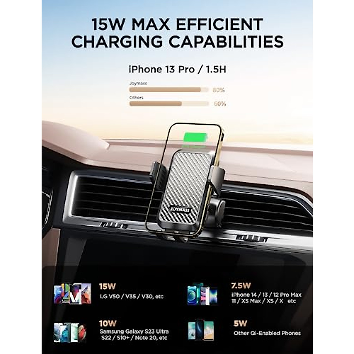 Wireless Car Charger, JOYMASS 15W Fast Charging Auto Clamping Car Charger Cell Phone Holder Mount Vent for iPhone 15 14 13 12 Mini Pro Max 11 XR XS X, Samsung Galaxy S23 Ultra S22 S21+ Note 20, etc