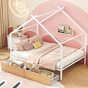Metal House Bed for Kids, Full Size Bed Frame with Storage Drawers and Slats, Kids Bed Frame with Headboard and Footboard, Full Size House Bed for Kids, Girls, Boys(Full White)