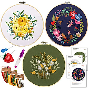 Mocoosy 3 Pack Embroidery Starter Kit for Beginners, Stamped Embroidery Kit with Pattern and Instructions, Cross Stitch Set Kids Adults Crafts Include 3 Embroidery Fabric, 3 Bamboo Hoops, Threads