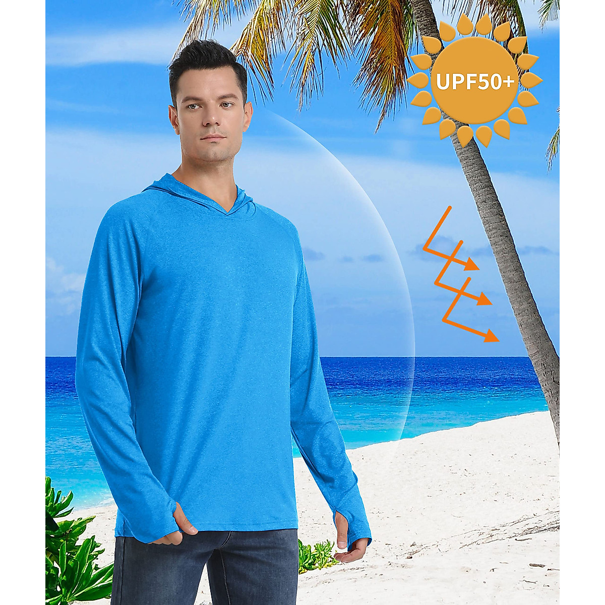 TACVASEN Men's Athletic UV Long Sleeve Sun Shirts with Hoody Running Exercise, Sea Blue, S