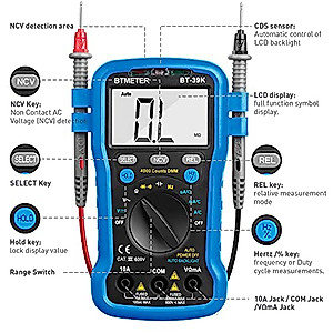 BTMETER BT-39K Multimeter with Case, 4000 Count Volt Ohm Amp Meter Autoranging DMM for AC/DC Current, Voltage, Resistance Frequency Tester, with NCV, Audible Continuity, Diode, Auto Backlight Meter