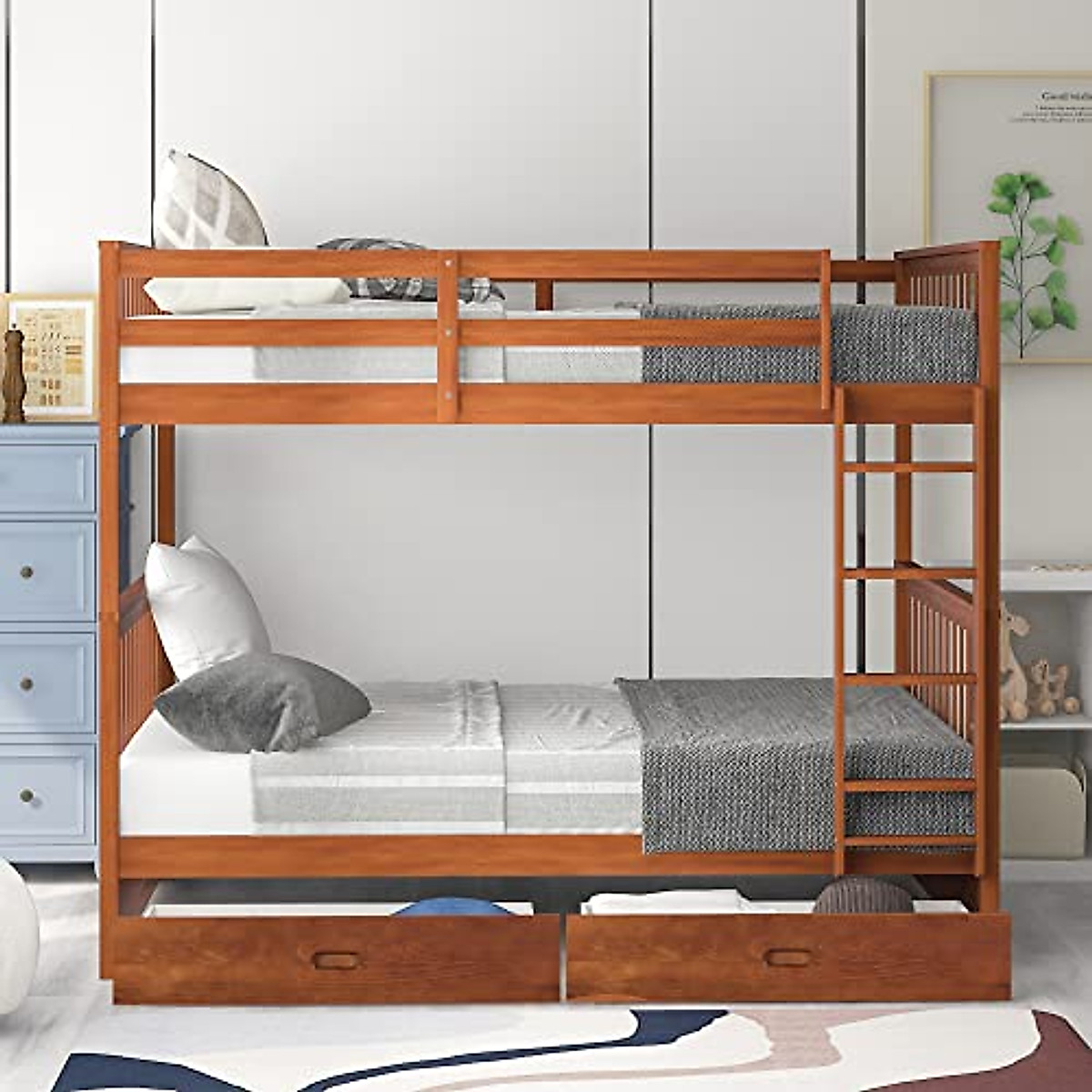Full Over Full Bunk Beds with 2 Storage Drawers, Solid Wood Detachable Bunk Bed Frame with Ladders and Safety Rail for Kids, Teens, Adults