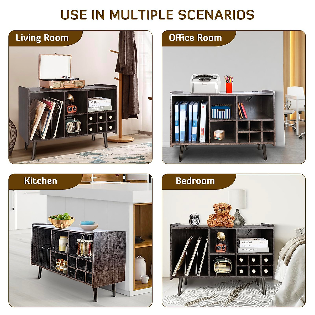 INFANZIA Vinyl Record Player Stand, Large Wooden Turntable Stand Holds Up to 200 Albums, Mid-Century Record Storage with Power Outlets, Record Organizer Cabinet for Living Room, Bedroom, Office