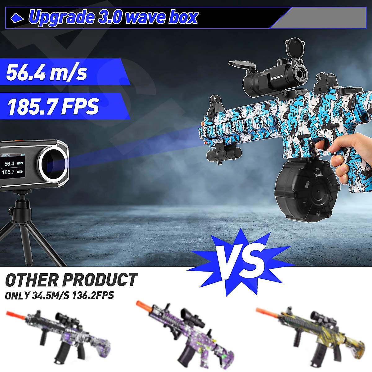 Large Electric Splatter Blaster with Drum, Automatic and Semi-Automatic Dual Mode Gel Ball Blaster, for Outdoor Activities -Team Game, Blue