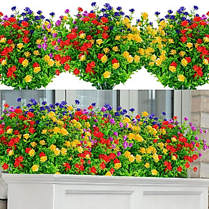 Dolicer 8 Bundles Artificial Flowers for Outdoors, Fake Outdoor Fake Flowers for Outdoor Planters, Artificial Shrubs, Fake Mums, Outdoor Flowers UV Resistant for Front Porch Wedding Table Decor, Mixed