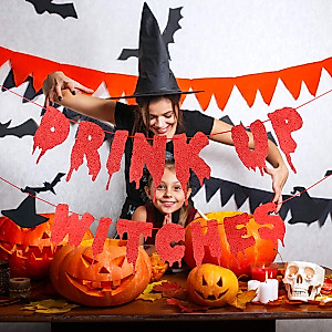 Red Glitter Drink Up Witches Banner, Halloween Witch Banner Witches Halloween Party Banner for Witch Party Decorations Halloween Haunted Mansion Party Decorations