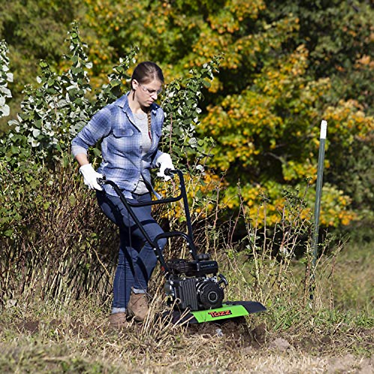 Tazz 35310 2-in-1 Front Tine Tiller/Cultivator, 79cc 4-Cycle Viper Engine, Gear Drive Transmission, Forged Steel Tines, Multiple Tilling Widths of 11”, 16” & 21”, Toolless Removable Side Shields,Green