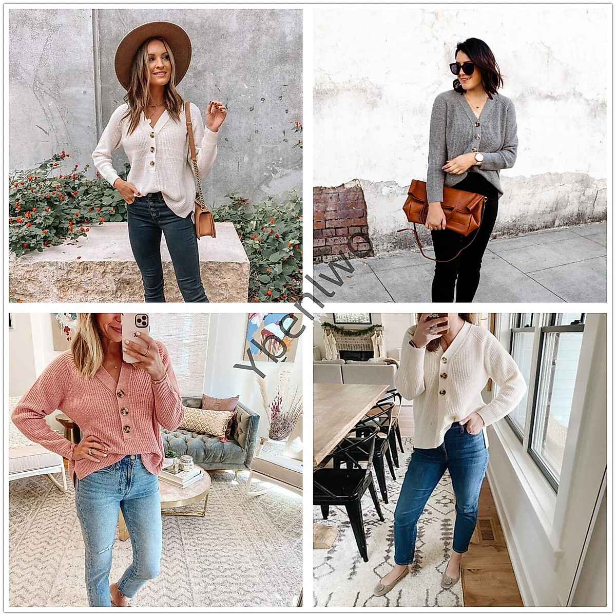 Womens Sweaters Long Sleeve V Neck Button Down Ribbed Knit Sweater Casual Relaxed Fit Pullover Jumper Tops Brown