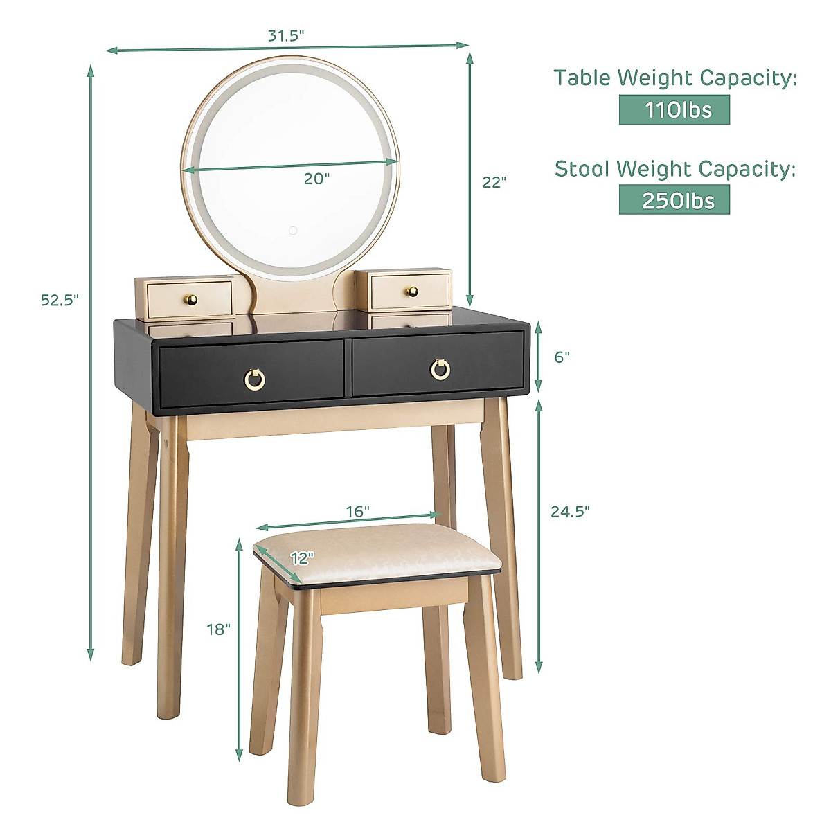 KOTEK Vanity Desk Set, Makeup Vanity Table w/ 3 Modes LED Lights, Round Mirror, Touch Switch Control, 4 Sliding Drawers, Dressing Table Set w/Cushioned Stool for Bedroom, Dressing Room (Black)