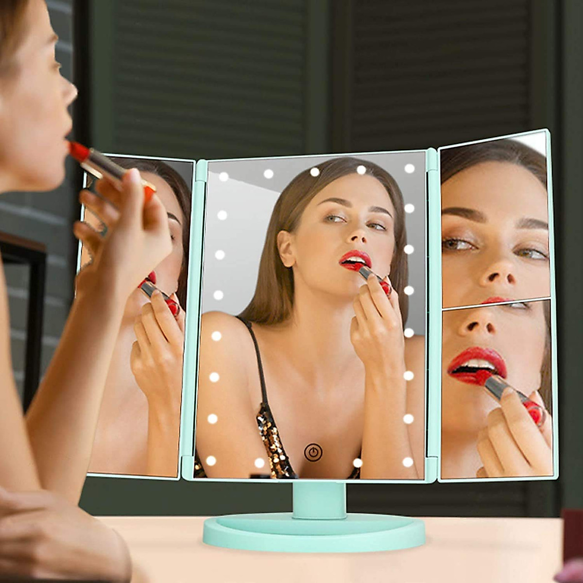 Flymiro Tri-fold Lighted Vanity Makeup Mirror with 3x/2x Magnification,21 LEDs Light and Touch Screen,180 Degree Free Rotation Countertop Cosmetic Mirror,Travel (Green)