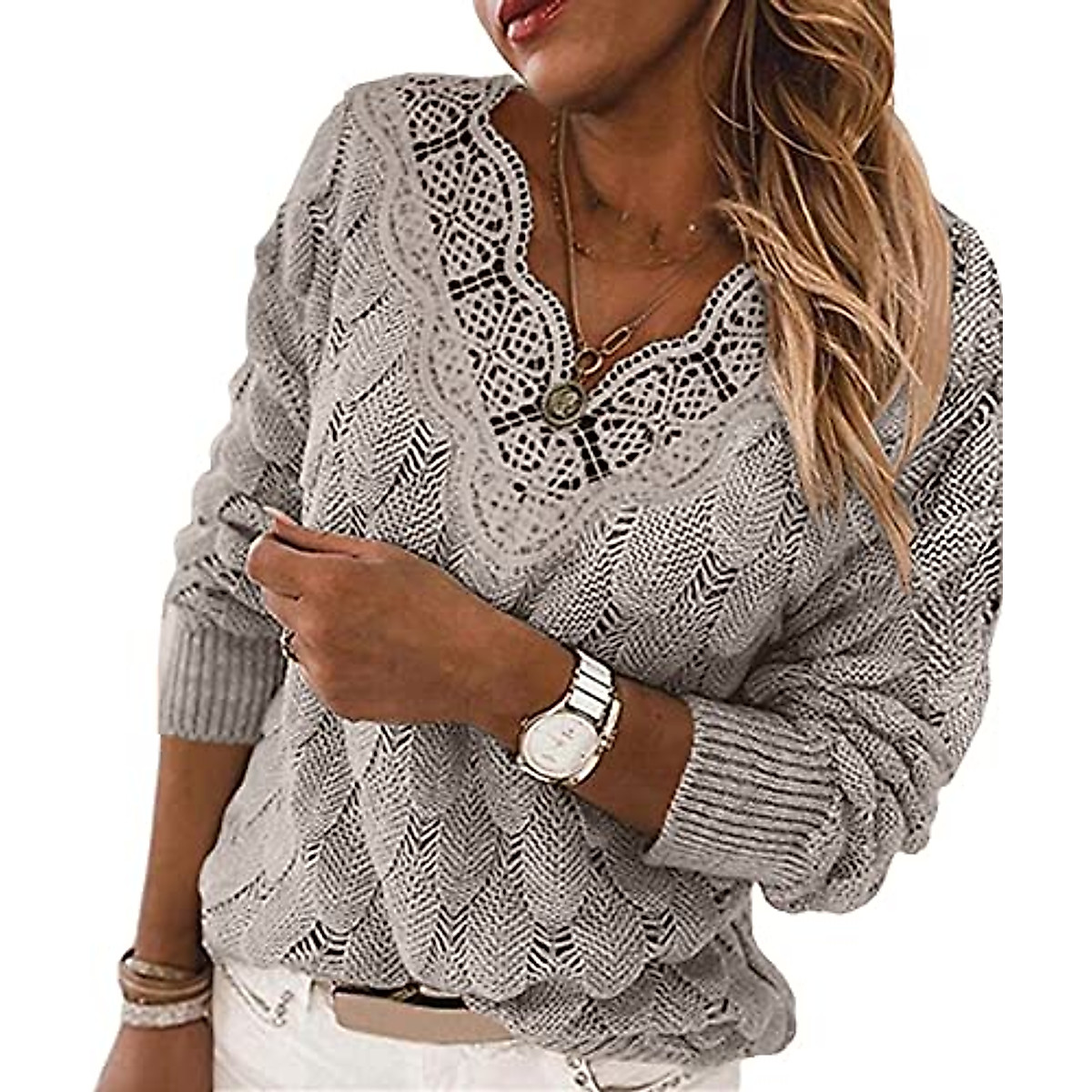 Yousify Women Lace V Neck Long Sleeve Pullover Sweaters Lightweight Knit Solid Color Novelty Jumper Tops
