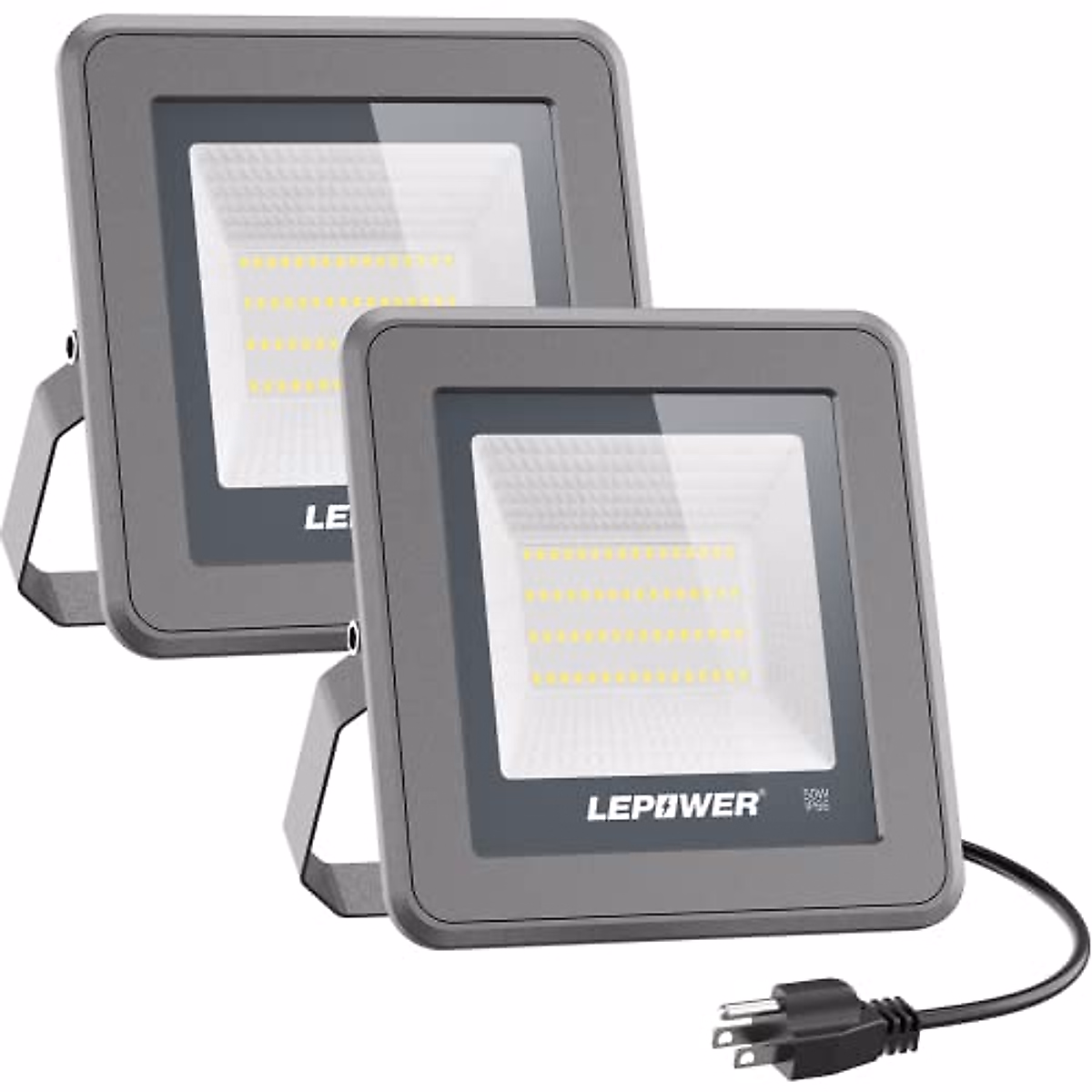 LEPOWER 50W LED Flood Light, 5000lm Work Light with Plug, Equiv 250W Halogen, 6000K White Light, IP66 Waterproof Outdoor Floodlight for Garage, Garden, Lawn, Basketball Court, Playground 2 Pack