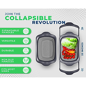 XL Large Kitchen Strainer by Comfify - Collapsible Silicone Over-The-Sink Colander with Extendable Handles - Use with Pasta, Fruit, Berries & Veggie - 6 Quart - Gray