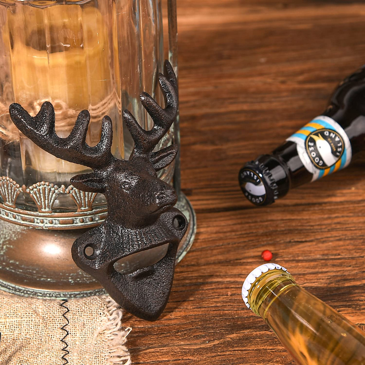 Sungmor Wall Mounted Bottle Opener, Cast Iron Cool Deer Head Bottle Opener, Beer Coke Beverage Bottle Cap Opener, Vintage Rustic Style Wall Hanging Opener, Bar Farmhouse Wall Ornament, Practical Gift