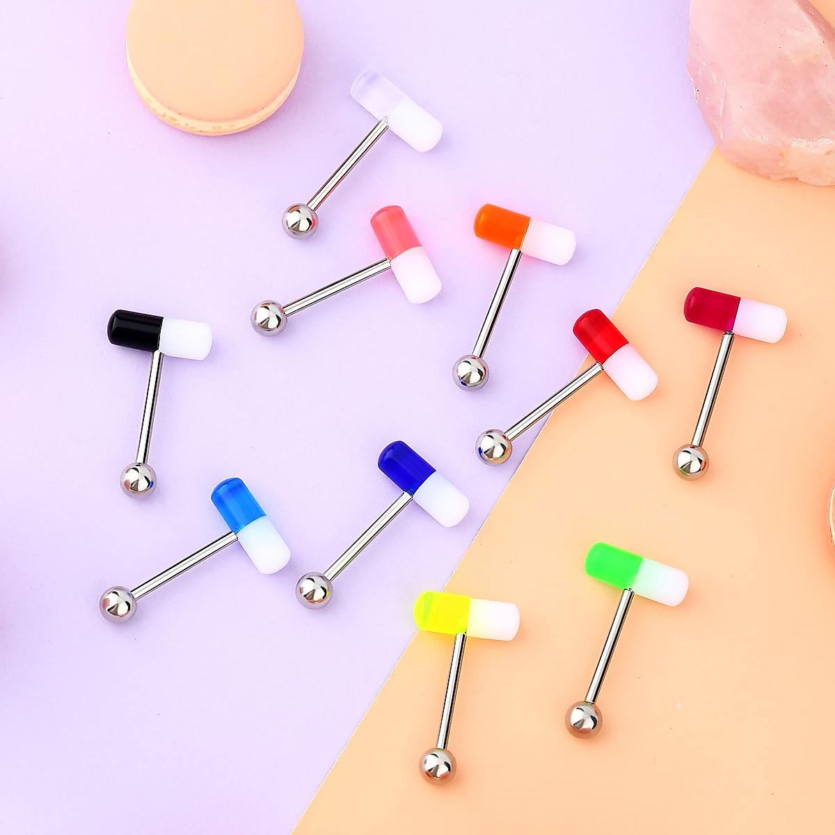 Melighting 10Pcs Pill Tongue Rings 14G Surgical Steel Tongue Piercing with Mix-Color Uv Shaped Tongue Ring with Ball Tongue Piercing Jewelry for Women Men Set