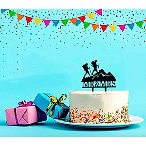 Mountain Wedding Cake Topper, Mr & Mrs Cake Topper, Hiking Theme Wedding Cake Decoration, Black Backpacking Bride and Groom Silhouettes Cake Topper