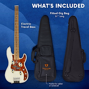 Traveler Guitar TB-4P Bass | 4 String Electric Bass Guitar with In-Body Tuning, Pearl White, Medium Scale, Headphone Output, Compact Gig Bag Included