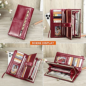 Contacts Kiss Lock Wallet for Women Leather, Kiss Clasp Wallet Coin Card Purse RFID Clutch Wallet Zipper Red Vintage Phone Holder