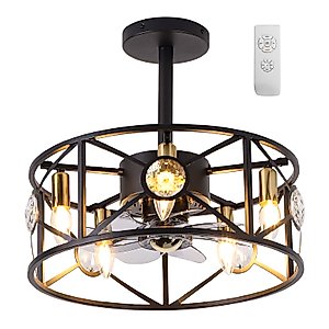 PAZALA Ceiling Fan with Light - Black Caged Ceiling Fan with Lights and Remote, Rustic Farmhouse Chandelier Ceiling Fan with 5 Lights, 3 Speed Reversible Airflow