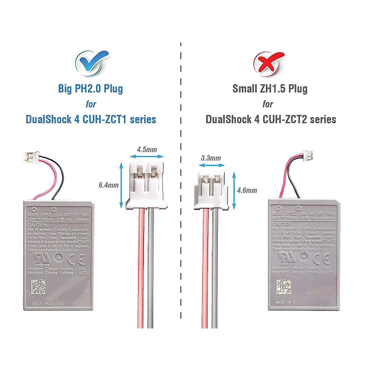 ElecGear 1PC Replacement Battery Pack for PS4 Controller V1-3, 1500mAh Li-ion Rechargeable Battery for PlayStation 4 DualShock CUH-ZCT1 Series LIP1522 with Big Plug, Repair Tool Kit Included