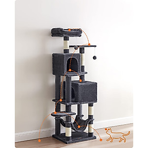 Feandrea Cat Tree, 61-Inch Cat Tower for Indoor Cats, Plush Multi-Level Cat Condo with 5 Scratching Posts, 2 Perches, 2 Caves, Hammock, 2 Pompoms, Smoky Gray UPCT192G01