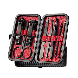 Manicure Set Pedicure Kit Nail Clippers Set 8 in1 High Precision Stainless Steel Cutter File Sharp Scissors for Men & Women Fingernails & Toenails Vibrissac Scissors with Stylish Case (black&red_8in1)