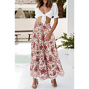 ZESICA Women's 2025 Summer Bohemian Floral Printed Elastic Waist A Line Maxi Skirt with Pockets,Floral White,Medium