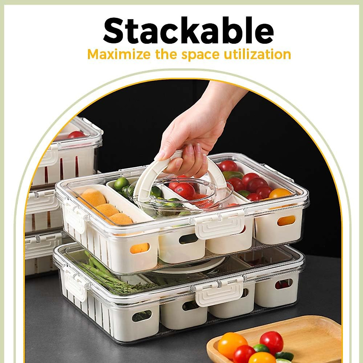 MININAI Divided Serving Tray with Lid and Handle, Snack Box Charcuterie Container Portable Fridge Organizer for Fruits, Veggie, Candy, Nuts, Picnic, Party (2), White