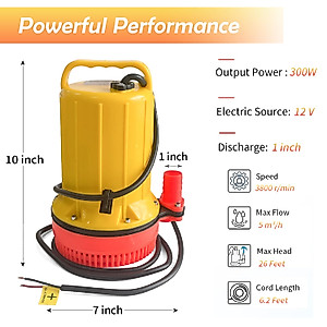 Socpuro Small Submersible Pump DC 12V 300W Portable Water Sump Pump for Pond Pumping, Pool Draining, Garden Irrigation