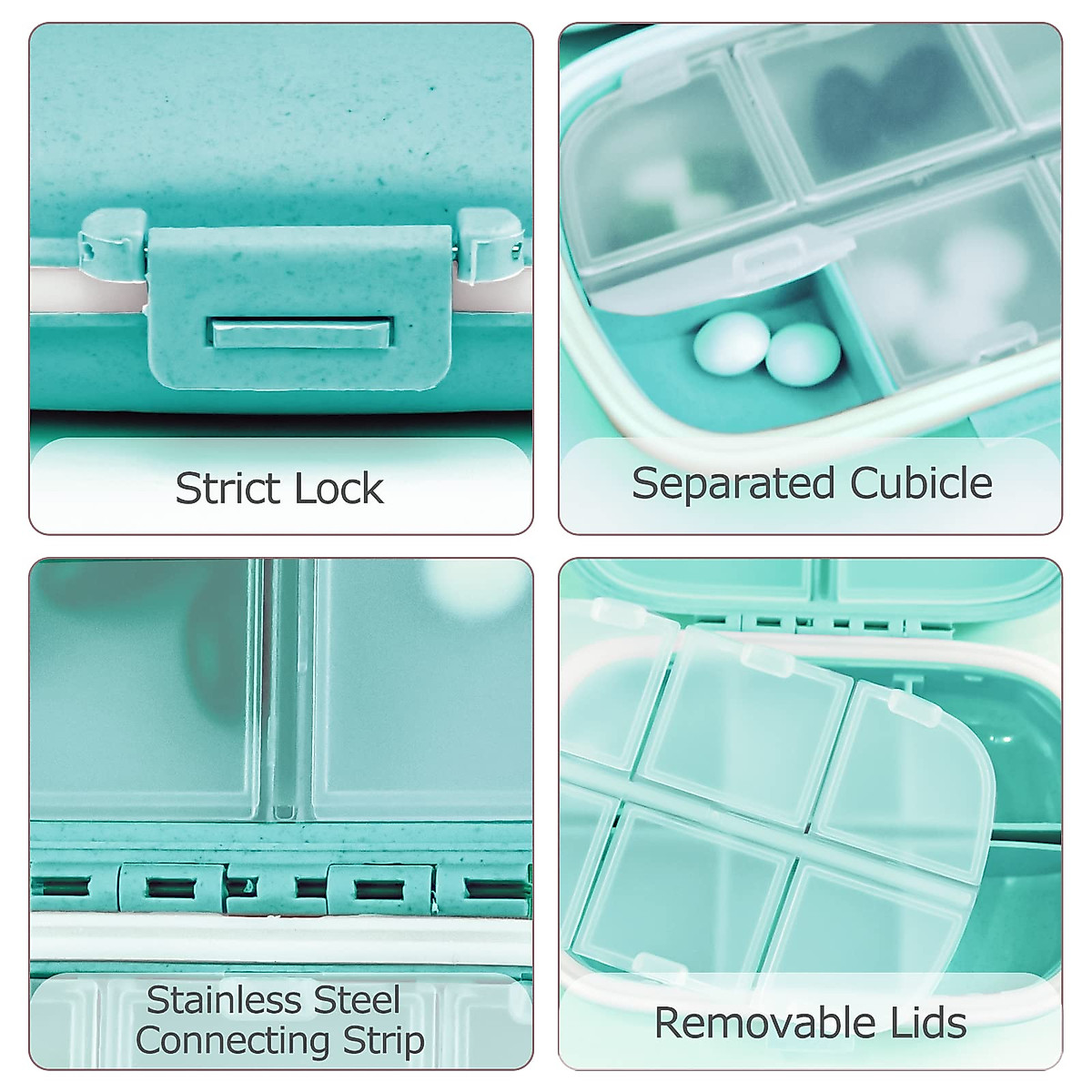 4PCS Travel Pill Organizer, 8 Compartments Portable Pill Case, Small Pill Box for Pocket Purse Portable Medicine Vitamin Container (Green+Blue+Pink+Beige)