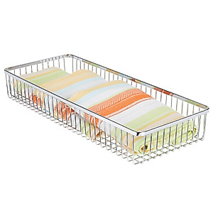 mDesign Metal Farmhouse Kitchen Cabinet Drawer Organizer Basket Tray, Shallow Storage Bin for Cutlery, Serving Spoons, Cooking Utensils, Appliances, Gadgets, Unity Collection, 15" Long, 2 Pack, Chrome