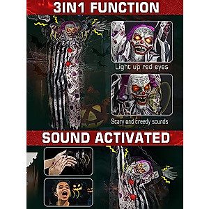 Scary Clown Halloween Decorations Outdoor Hanging Talking Clown Animatronics with Light Up Red Eyes, Sound & Touch Activated for Indoor Yard Haunted House Decor