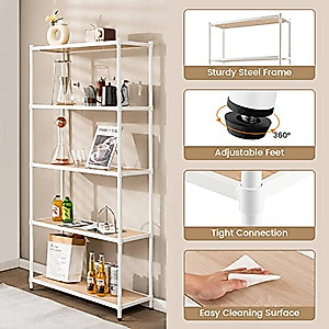 Giantex 5-Tier Industrial Bookshelf White - 61" Tall Open Display Shelving Rack with Anti-toppling Device, Adjustable Feet, Freestanding Storage Shelf for Living Room, Kitchen, Office, Bedroom