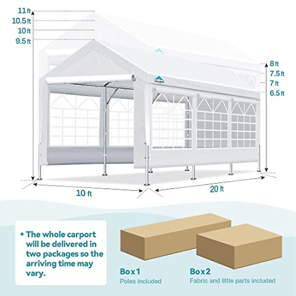 ADVANCE OUTDOOR Adjustable 10x20 ft Heavy Duty Carport Car Canopy Garage Shelter Party Wedding Boat Tent with Removable Window Sidewalls and Doors, Adjustable Height from 9.5ft to 11ft, White