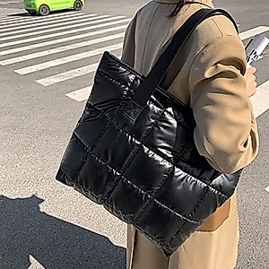 AZURAOKEY Puffer Tote Bag for Women, Women Nylon Shoulder Bag Design Space Padded Messenger Bag Solid Color Handbag