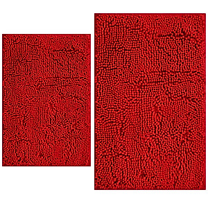 BOANKODU Bathroom Rugs Sets 2 Piece, Extra Soft Chenille Bath Mat Absorbent Bathroom Rug, Bathroom Mat with Sturdy PVC Non-Slip Bottom, Machine Washable Bath Rugs (32x20 Inch + 24x16 Inch, Red)
