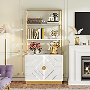 Tribesigns White and Gold Bookshelf with Doors: 70.9 Inches Tall Etagere Bookcase Set of 2, Modern Open Display Book Shelves with Metal Frame for Living Room Bedroom Office