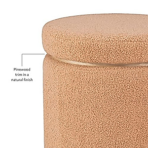 Linon Lexington Tan Sherpa Round Storage Ottoman with Wood Accent