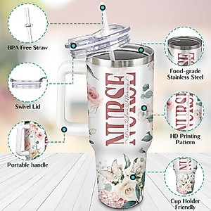 qoepfnsh Nurse Tumbler Pink Floarl 40 oz Tumbler with Handle Nurse Travel Coffee Mug Cup Stainless Steel Insulated 40oz Tumblers with Lid and Straw Nurse Gifts for Women