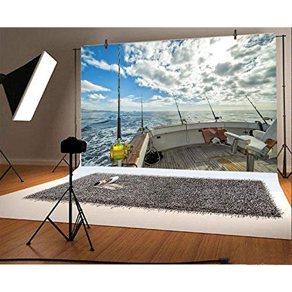 AOFOTO 10x7ft Sea Landscape Backdrop Fishing Boat Fishing Poles Blue Sky White Cloud Photography Background Anglers Vacation Video Displays TV Film Production Studio Prop Video Drape