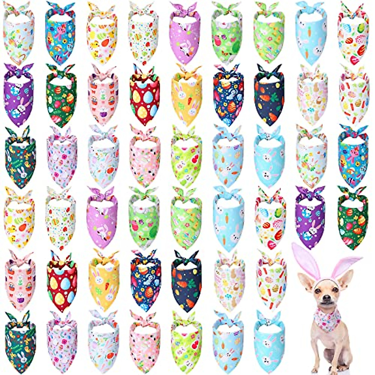 50 Pieces Easter Dog Bandanas Bulk Dog Kerchief Set Bibs Triangle Dog Scarf Dog Bandanas with Easter Egg Rabbit Carrot Patterns for Easter Party Pet Costume Accessories Decoration
