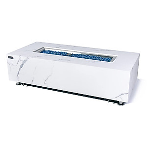 Elementi Plus Carrara Outdoor Table 59.8 Inches Fire Pit Patio Heater Marble Porcelain Firepits Outside Electronic Ignition Backyard Fireplace Cover Fire Glass Included Natural Gas