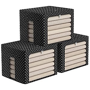 3 Pack Clothes Storage Organizer Bins - Foldable Metal Frame Storage Bins Stackable Oxford Cloth Fabric Container Organizer Set with Carrying Handles and Clear Window