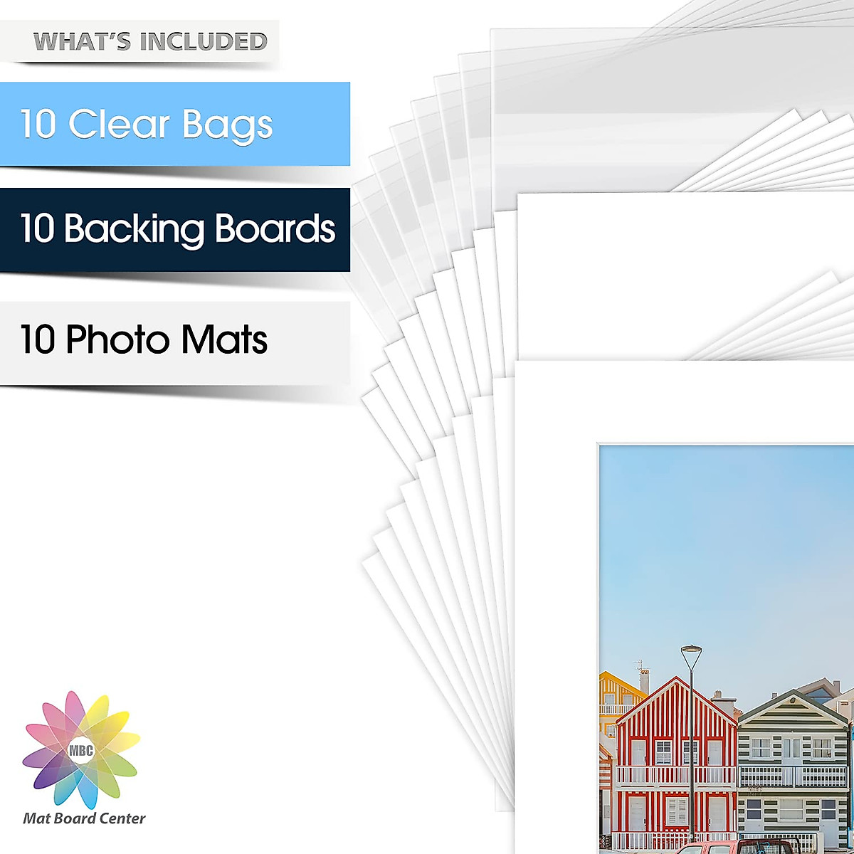 MBC MAT BOARD CENTER, Pack of 10-18x24 Pre-Cut 13x19 - White Mats - for Pictures, Photos, Framing - Kit Includes: 10 White Backboards and 10 Clear Bags - Acid Free, 4-ply Thickness, White Core